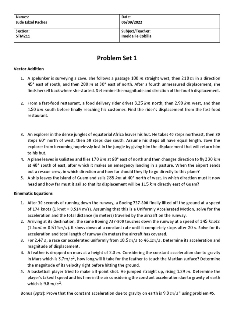 Problem Set 1 - Vector Addition and Kinematic Equations | PDF