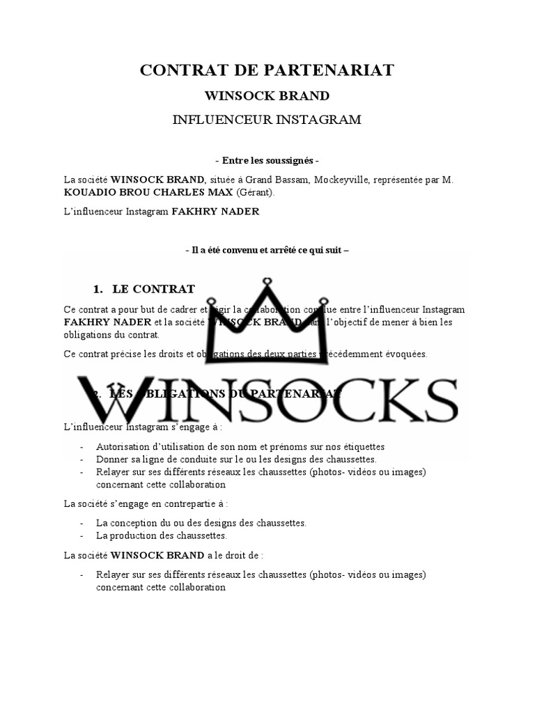 Contrat de Partenariat Influenceur WINSOCK | PDF | Droit