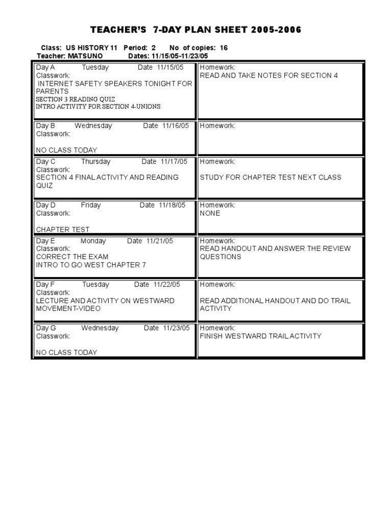 US History 11 Weekly Lesson Plan | PDF