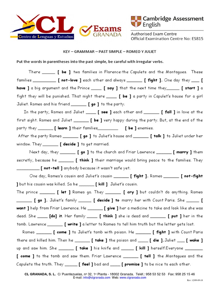 Key Grammar Past Simple Romeo y Juliet 1 | PDF