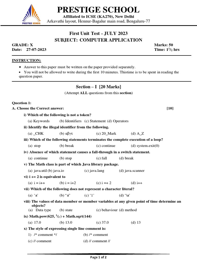 10th Computer Unit Test I Paper Pdf Method Computer Programming Object Computer Science 6426