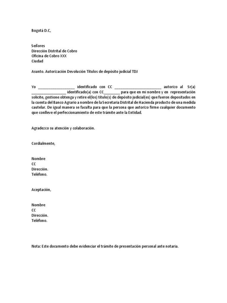 Formato para Autorización Un Tercero A Reclamar TDJ | PDF