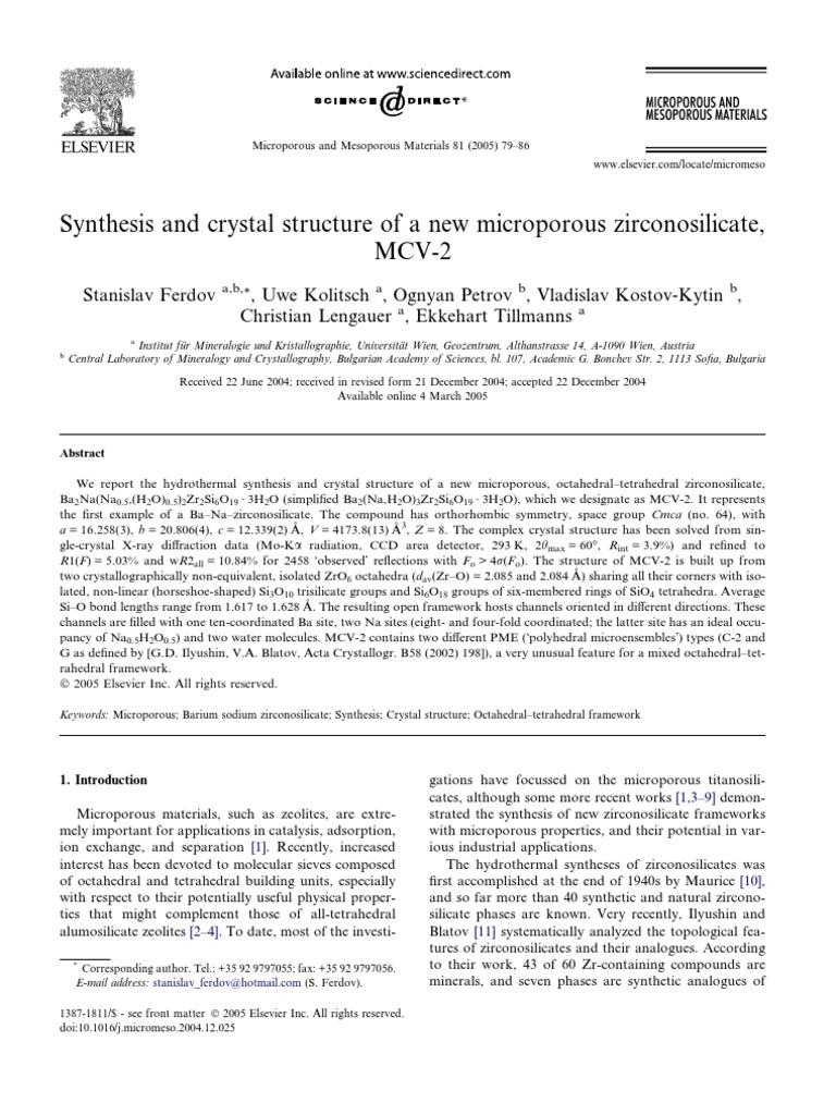 Synthesis and Crystal Structure of A New Microporous Zirconosilicate, MCV-2 | PDF