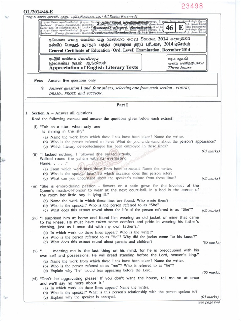 2014 OL Appreciation of English Literary Texts Past Paper | PDF