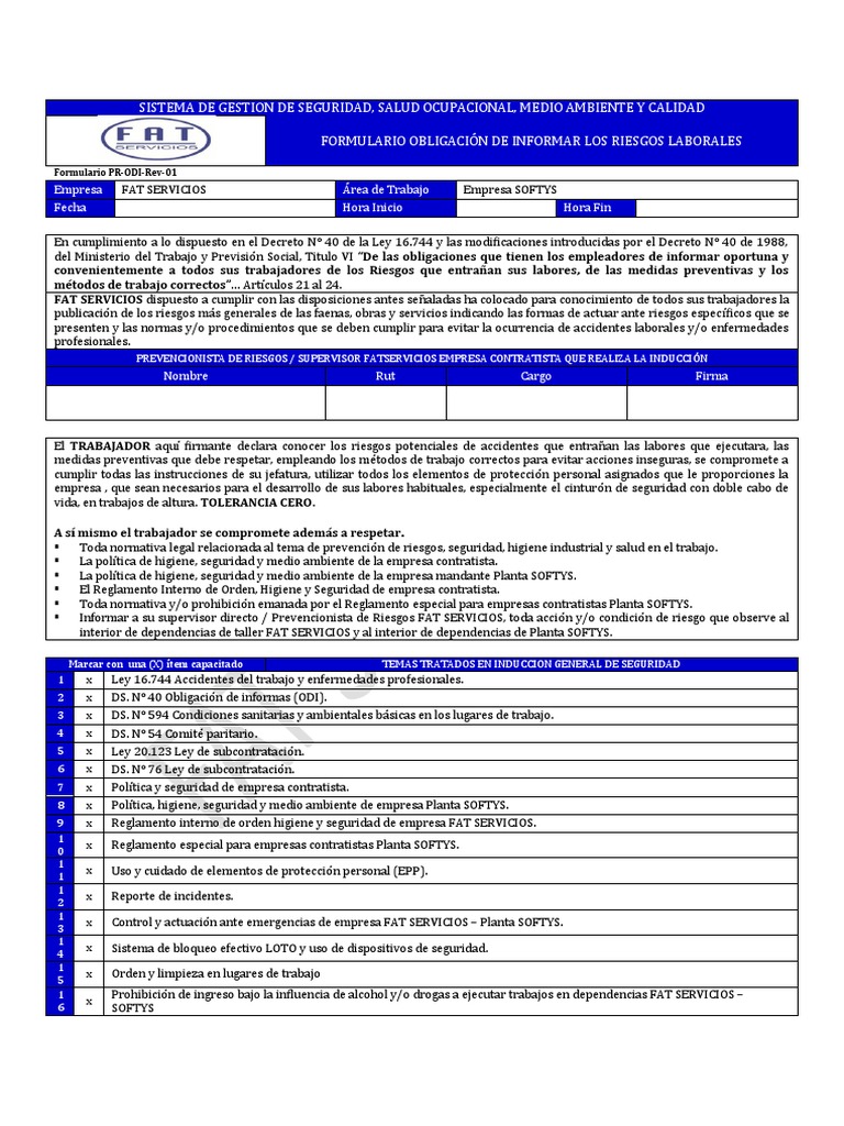 Formulario Obligación de Informar Los Riesgos Laborales | PDF