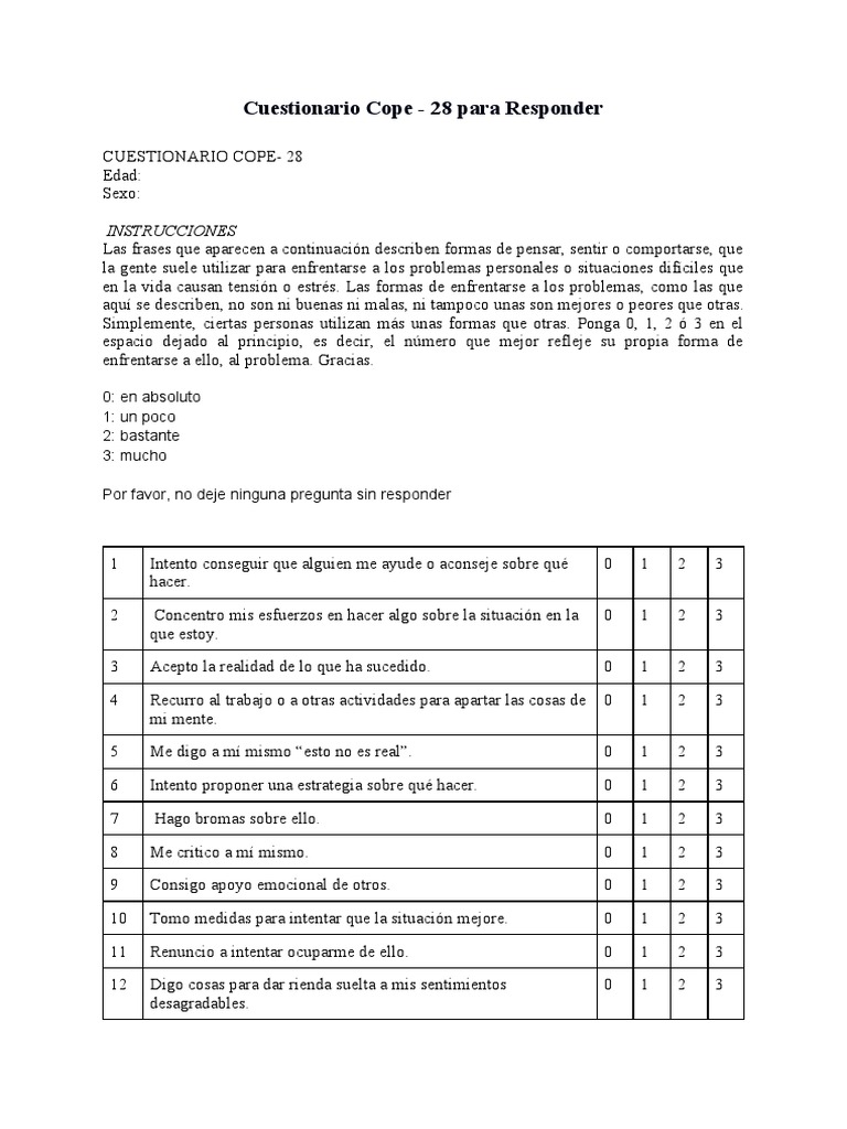 Cuestionario Cope - 28 para Responder | PDF | Crecimiento personal y ...
