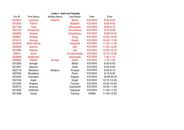Grade 9-Oral Timetable | PDF