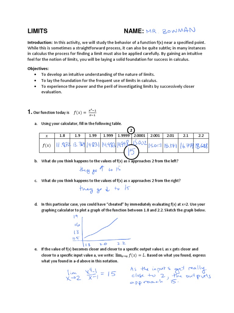 A 1 Limits Intuitive Intro Answes Pdf Function Mathematics