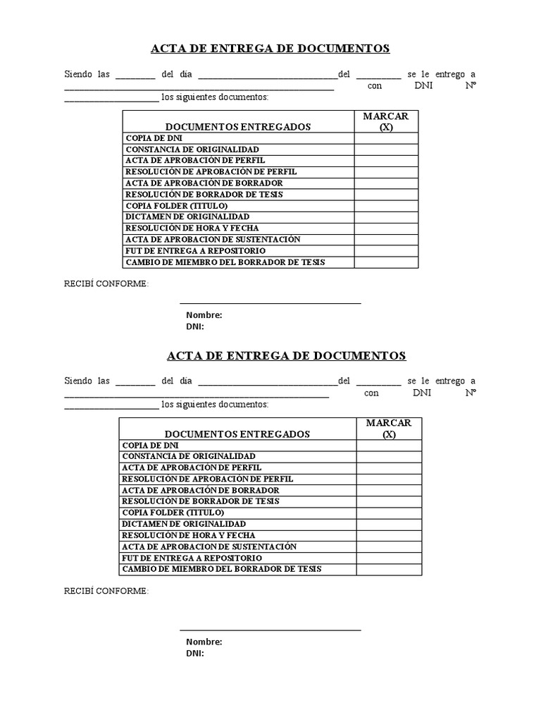 Acta de Entrega de Documentos | PDF