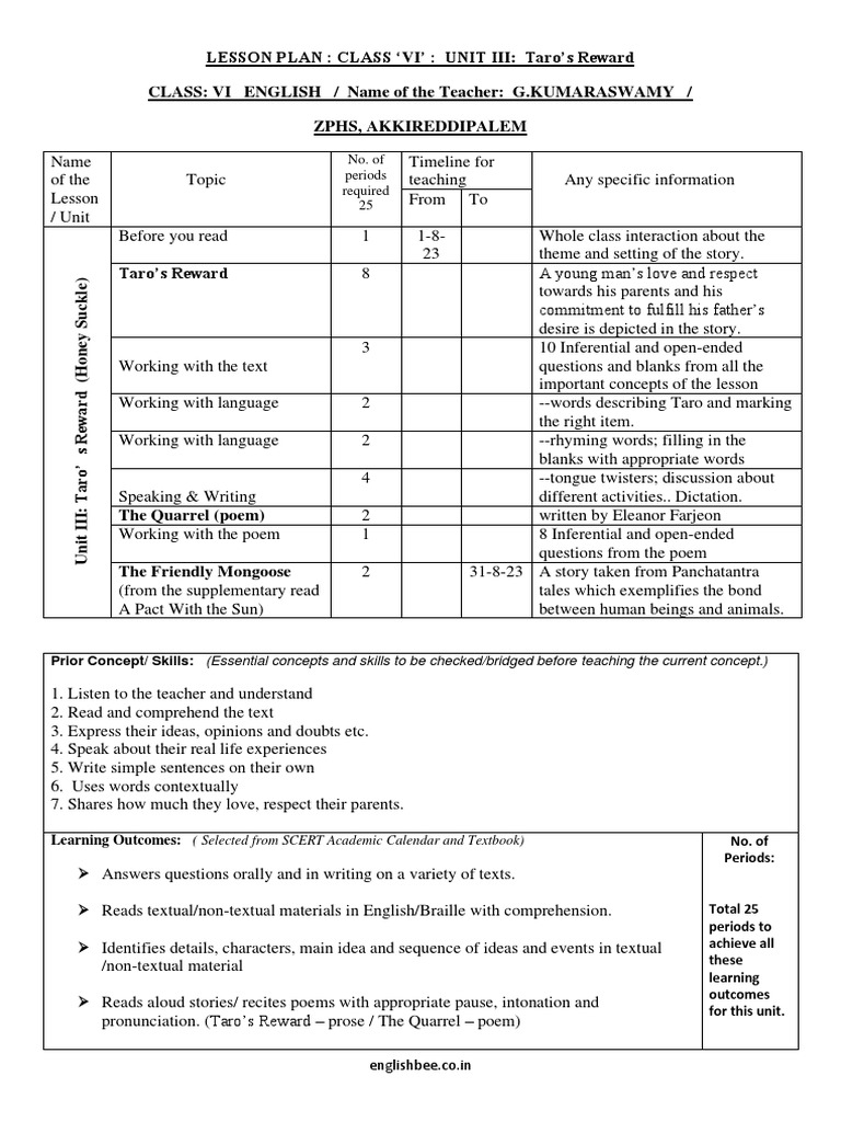 6th Eng Unit 3 Lesson Plan | PDF | Poetry | Linguistics