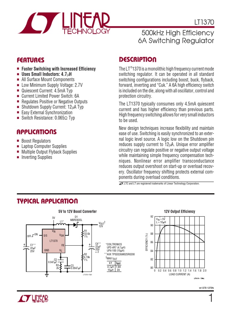Descriptio Features: Lt1370 500Khz High Efficiency 6A Switching ...