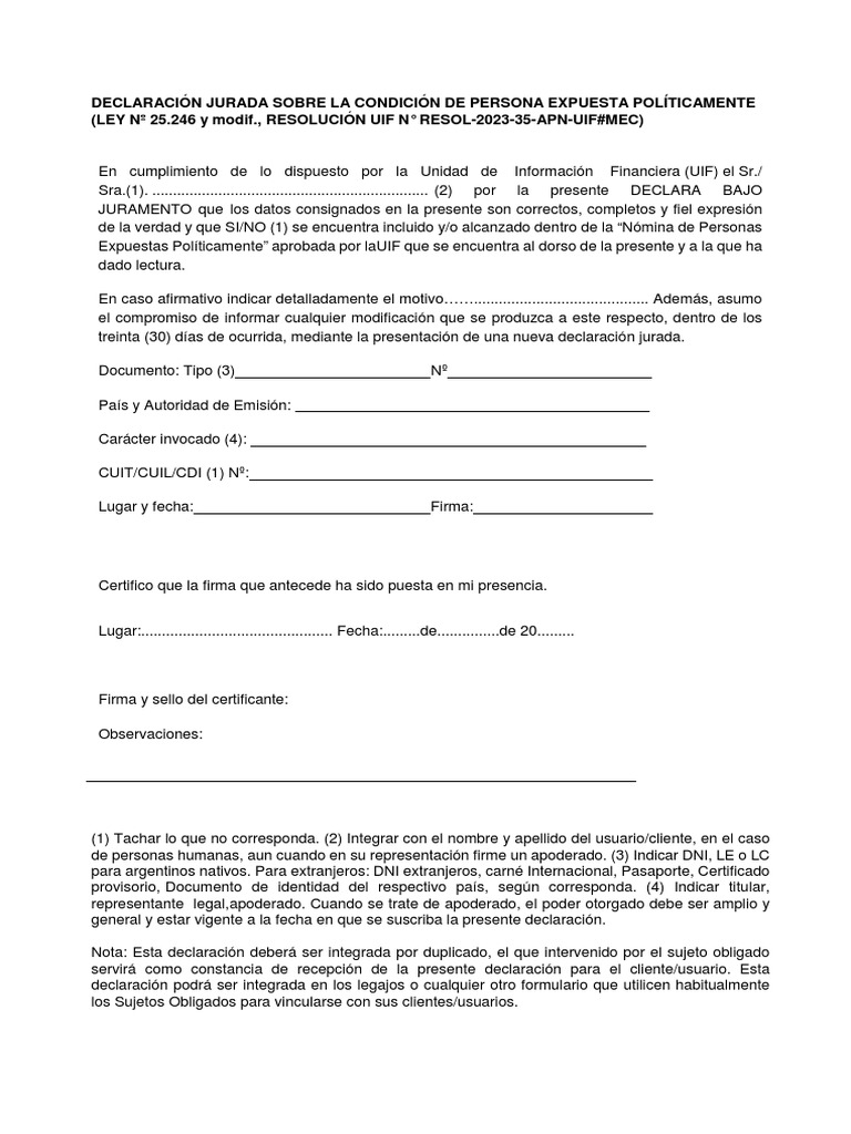 Declaración Jurada PEP: Formato y Requisitos | PDF | Servicio Civil ...
