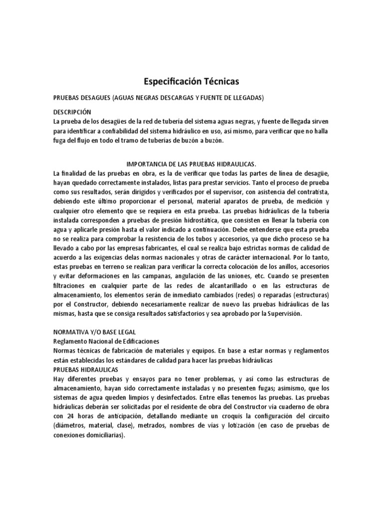 Especificación Técnicas Prueba Hidraulica Concordia | PDF | Colector de aguas pluviales ...