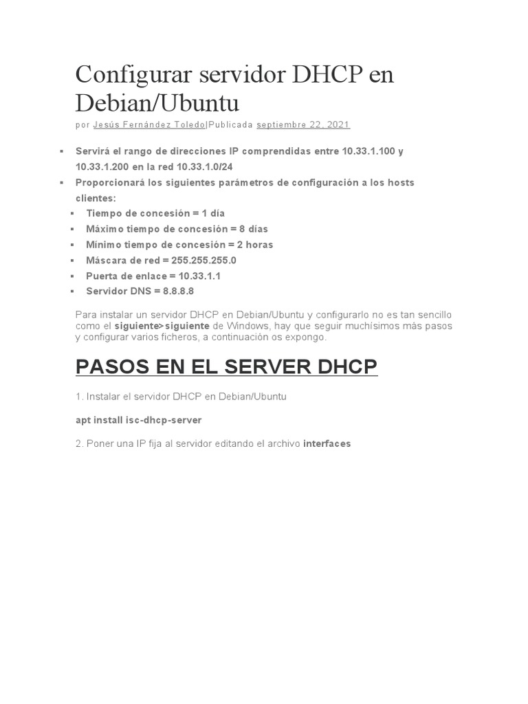 Configurar Servidor DHCP en Debian | PDF | Dirección IP | Red de arquitectura