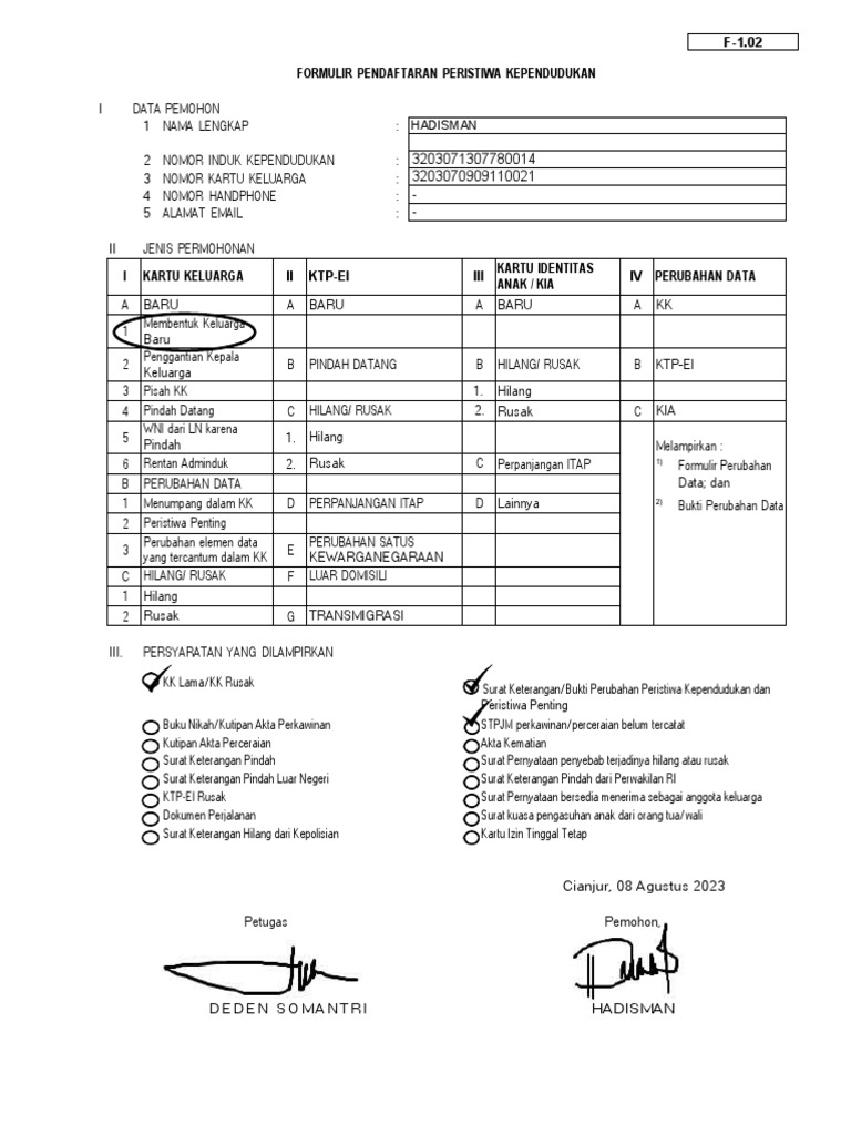 F1 02 Pendaftaran Peristiwa Kependudukan | PDF