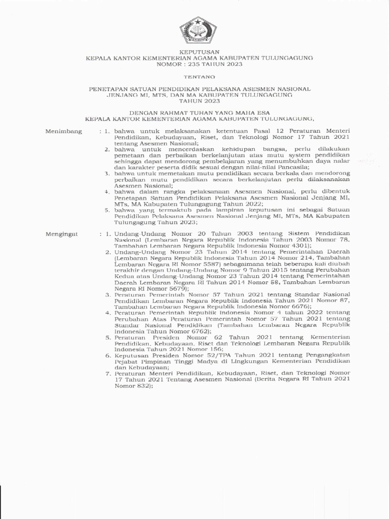 SK Pelaksanaan ANBK 2023 | PDF