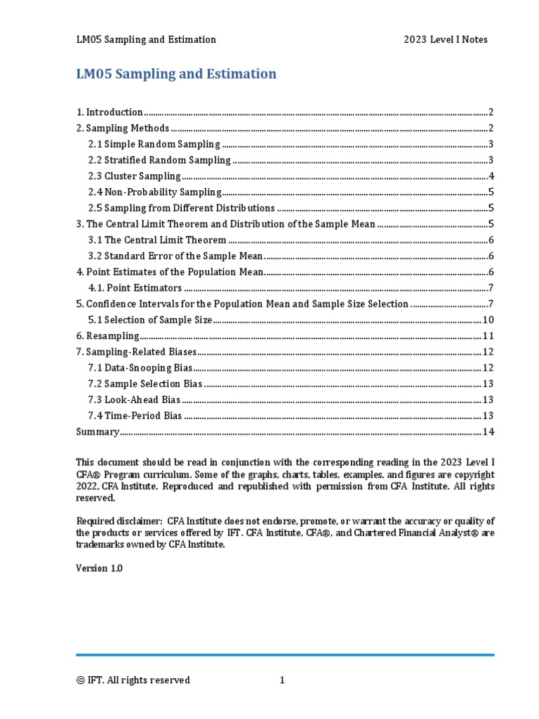 Lm05 Sampling And Estimation Ift Notes Pdf Estimator Sampling Statistics