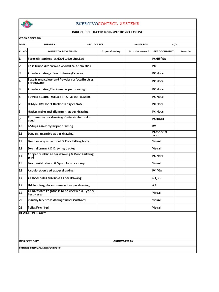 Bare Cubicle Inspection Checklist | PDF | Manufactured Goods ...
