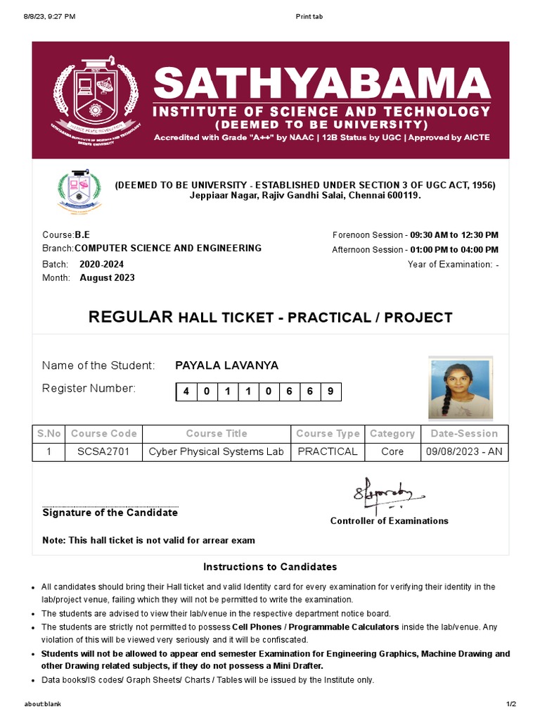 Lavanya Payala Cps Lab Hall Ticket | PDF | Computing | Computer Science