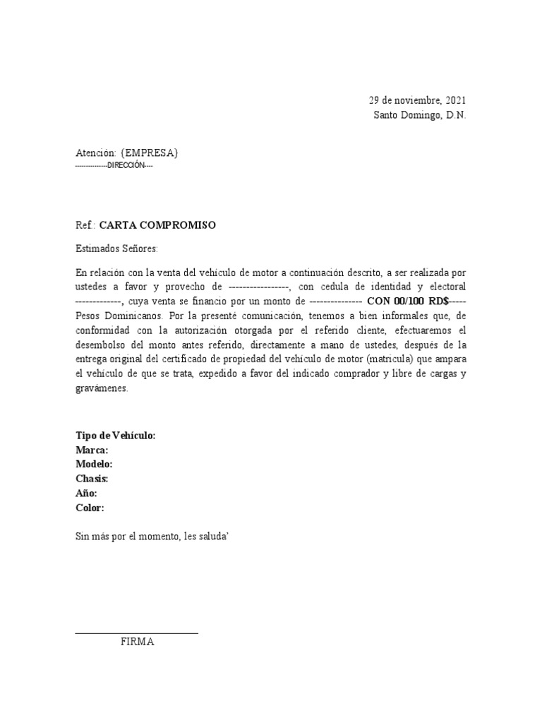 Modelo Carta Compromiso para Venta de Vehiculo | PDF