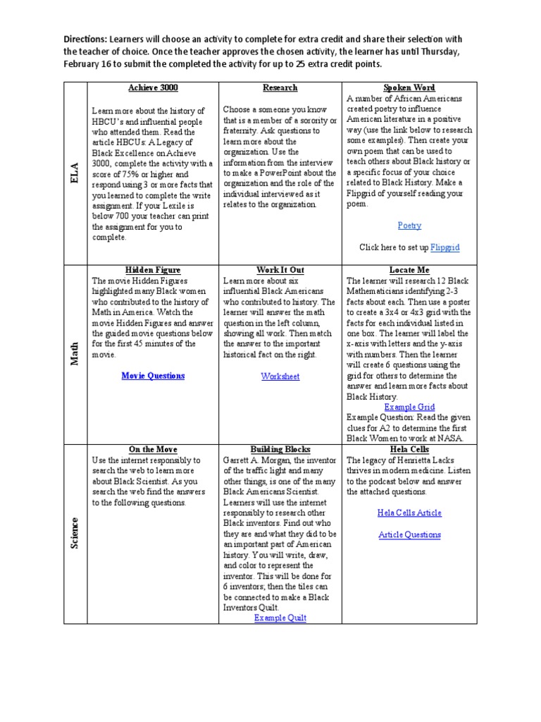 Black History Choice Board | PDF | Learning | Poetry