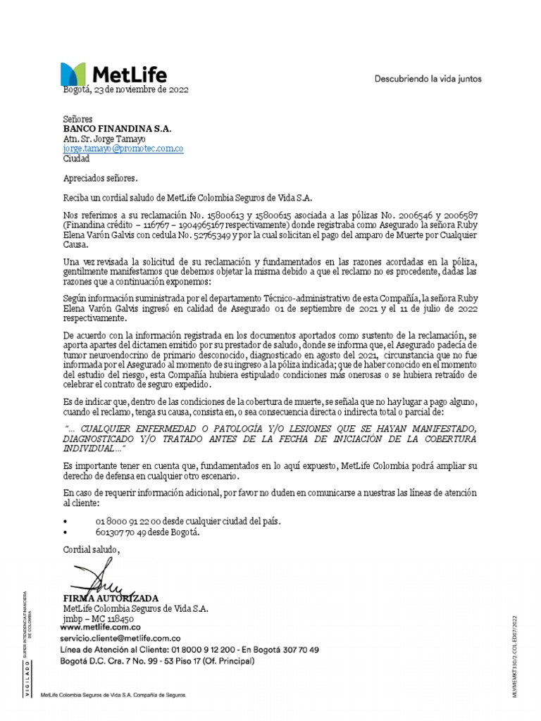 Carta de Objeción ASEGURADORA MET LIFE | PDF