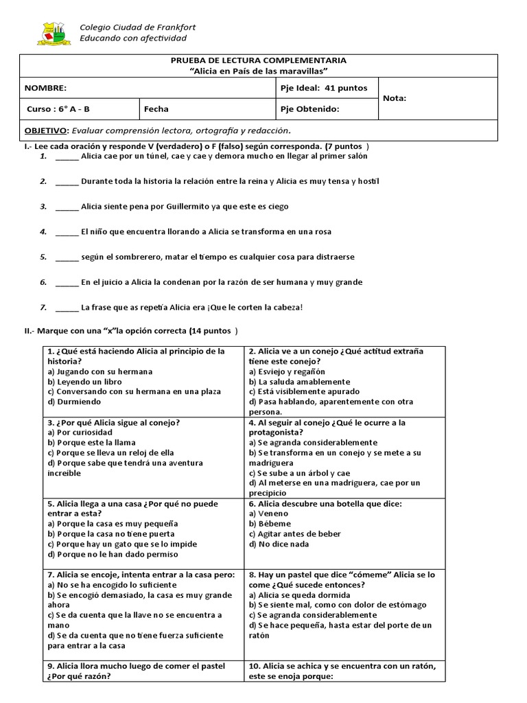 Prueba de Lectura: Alicia 6° A-B | PDF | Las aventuras de Alicia en el ...