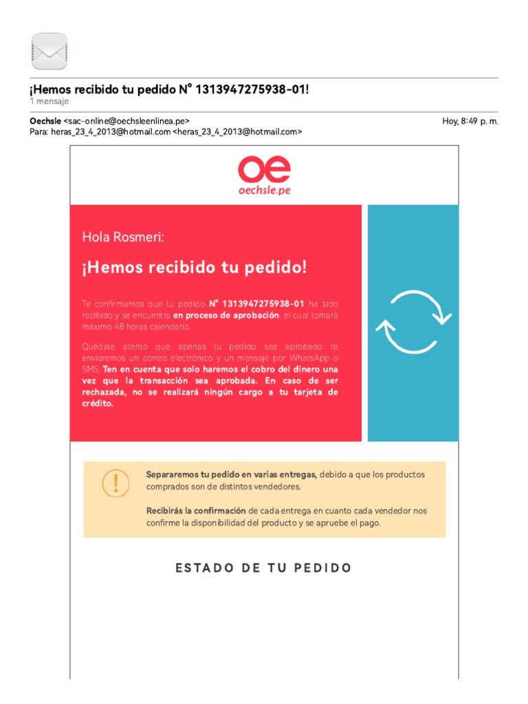 Unified Email - ¡Hemos Recibido Tu Pedido #1313947275938-01! | PDF