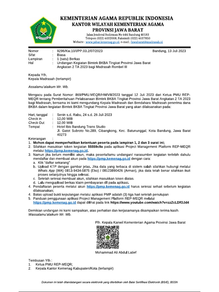 Undangan Dan Surat Tugas Bimtek Bkba 2023 | PDF