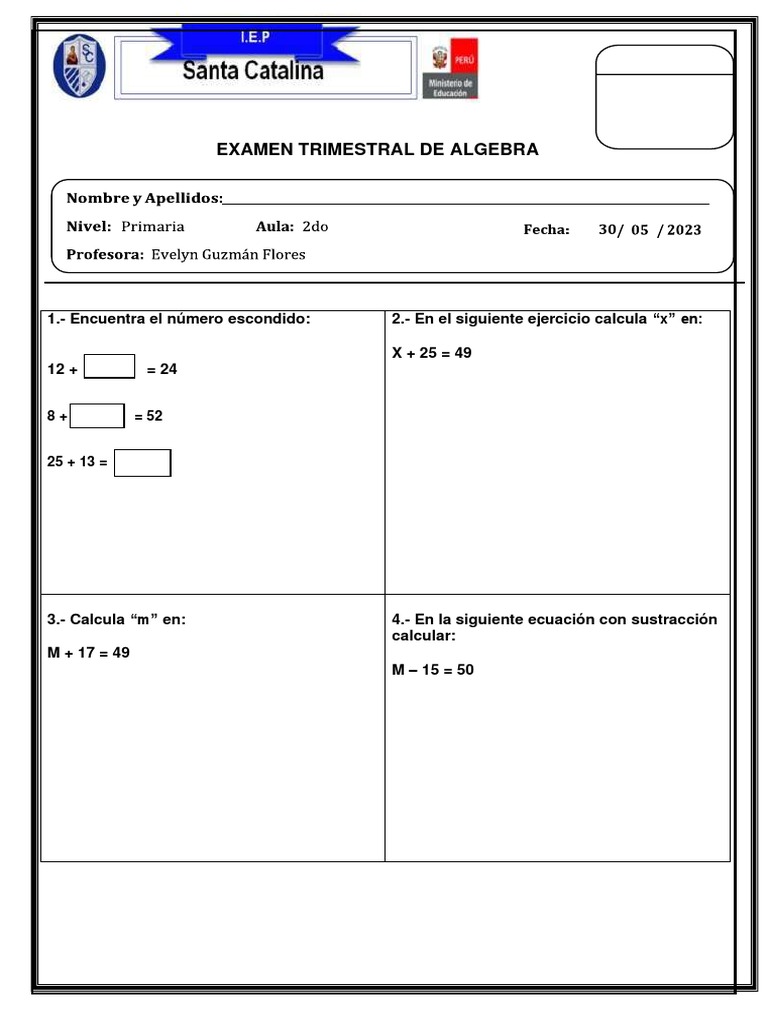 Examen Trimestral de Algebra Segundo Grado | PDF