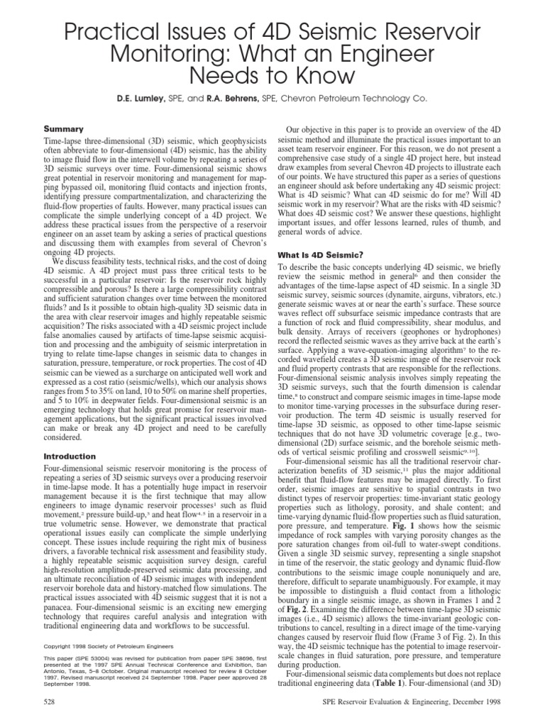 00053004practical Issues of 4D Seismic Reservoir Monitoring What An Engineer Needs To Know | PDF