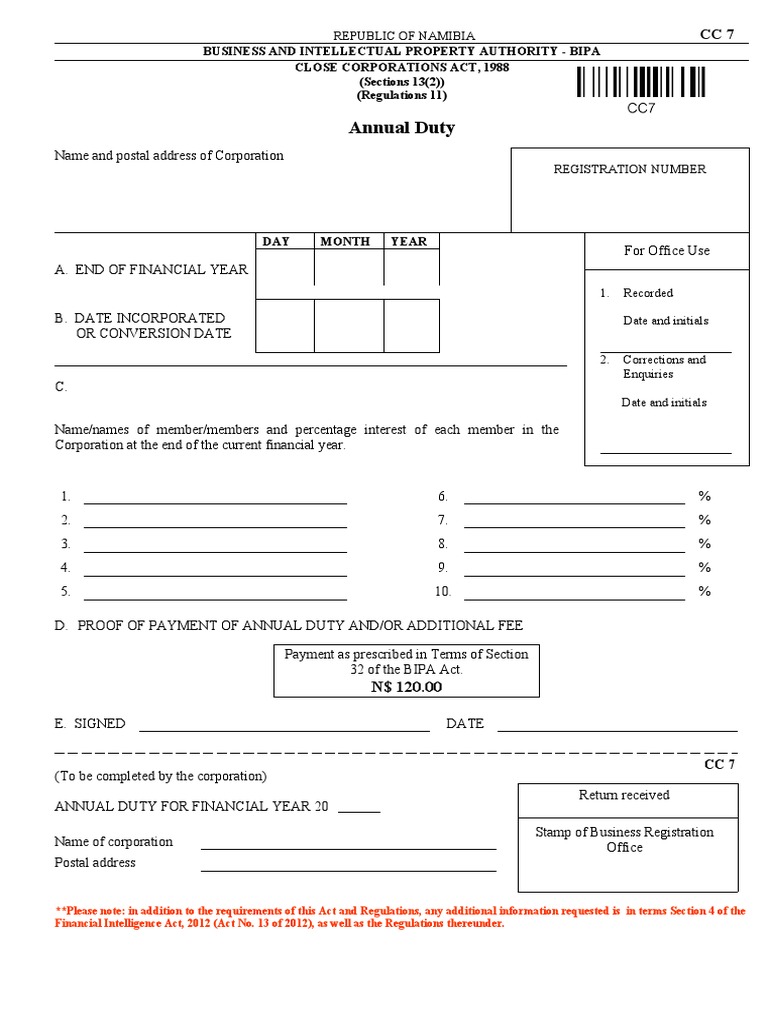 CC7 Form for Annual Duty Submission | PDF