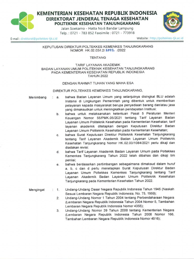 SK Tarif Akademik Poltekkes Kemenkes Tanjungkarang 2022 | PDF