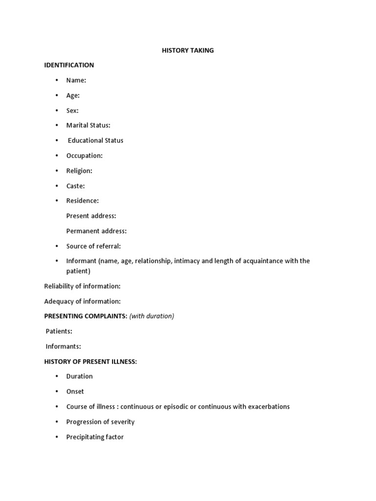 Psychiatry History Taking Format | PDF | Abnormal Psychology | Diseases ...