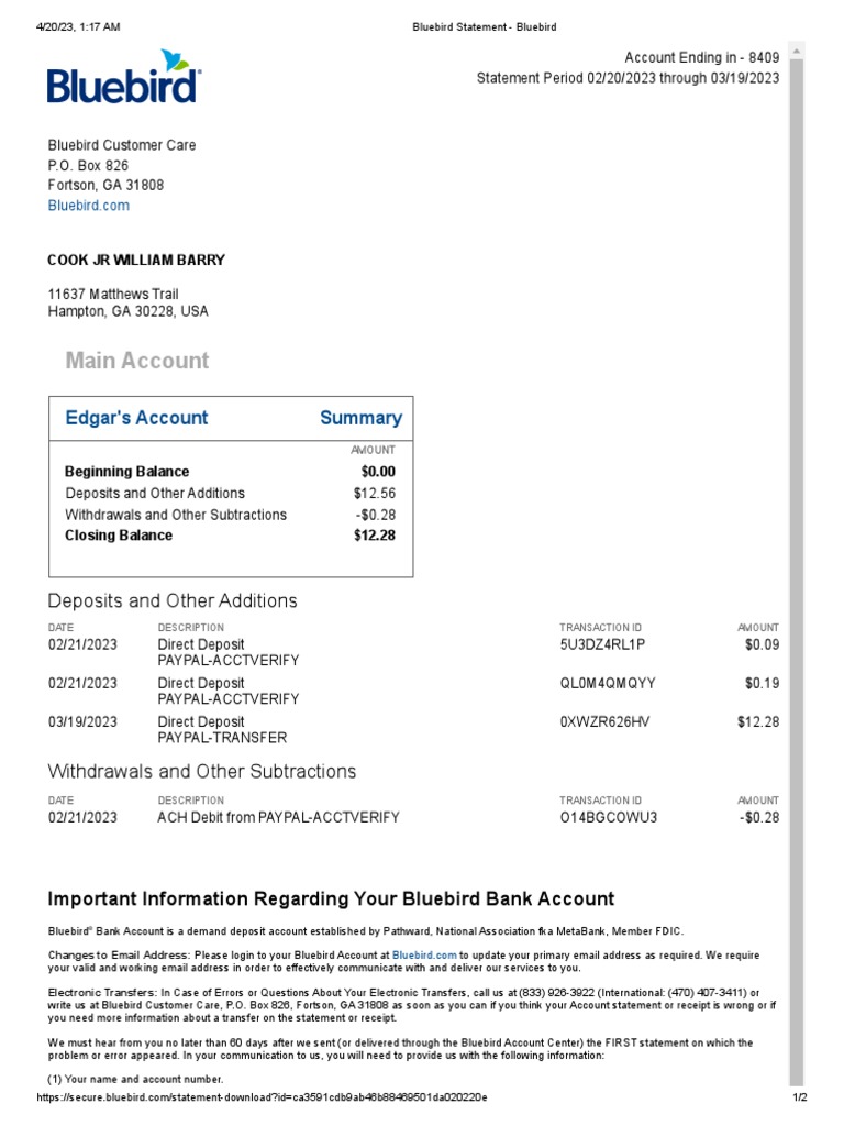 Bluebird Statement - Bluebird - 8409 | PDF