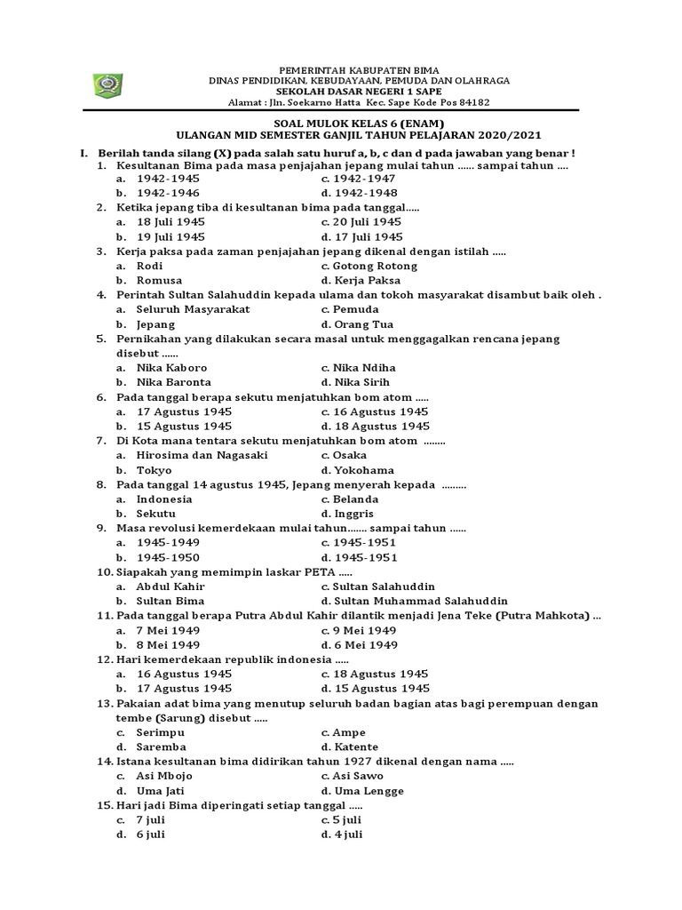 Soal Mulok Kelas 2 Mid Semester Genap 2021 | PDF