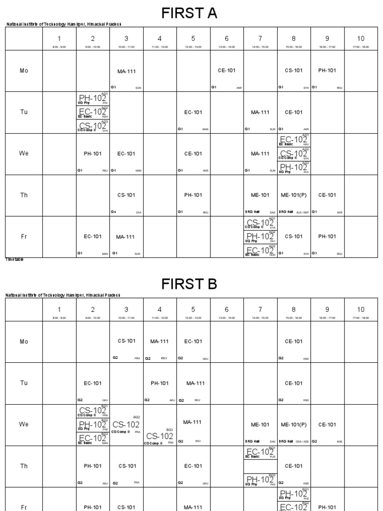 Revised Time Table First Year16076874003485 | PDF