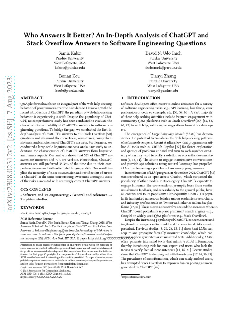 In Depth Analysis Of Chatgpt And Stack Overflow Answers To Software Engineering Questions Pdf