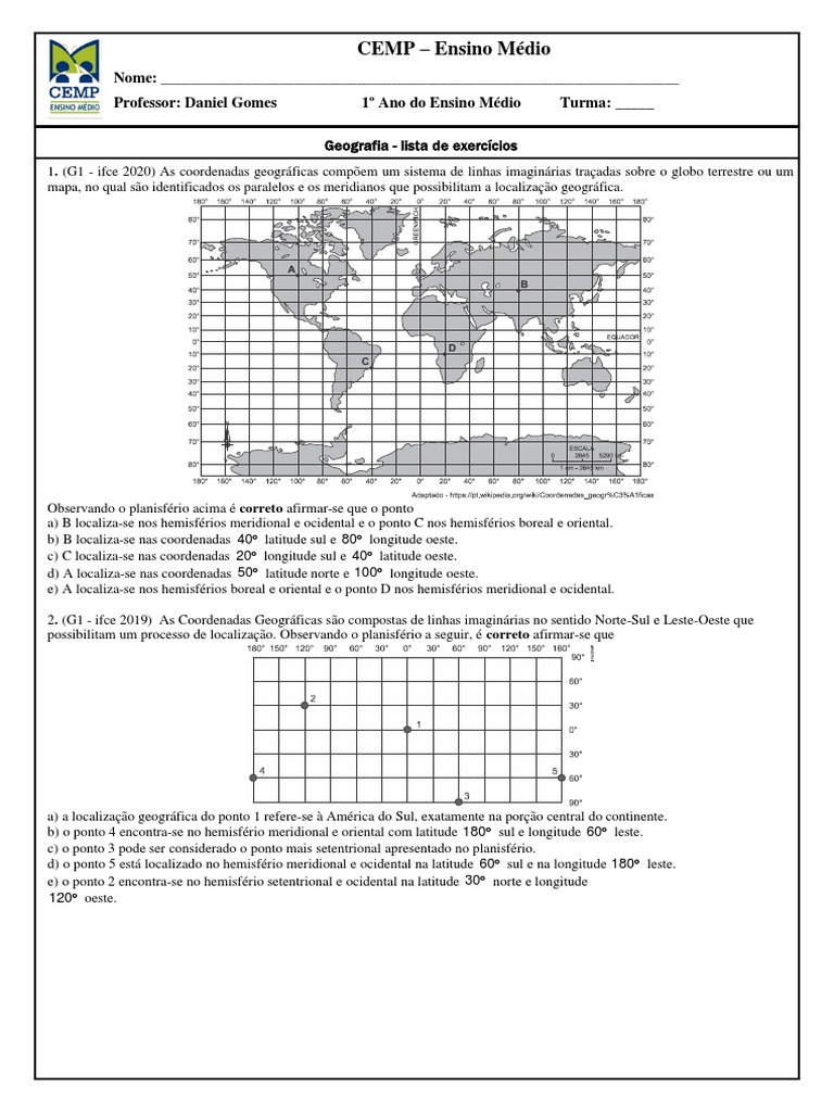 Exercicios Coordenadas Geograficas | PDF