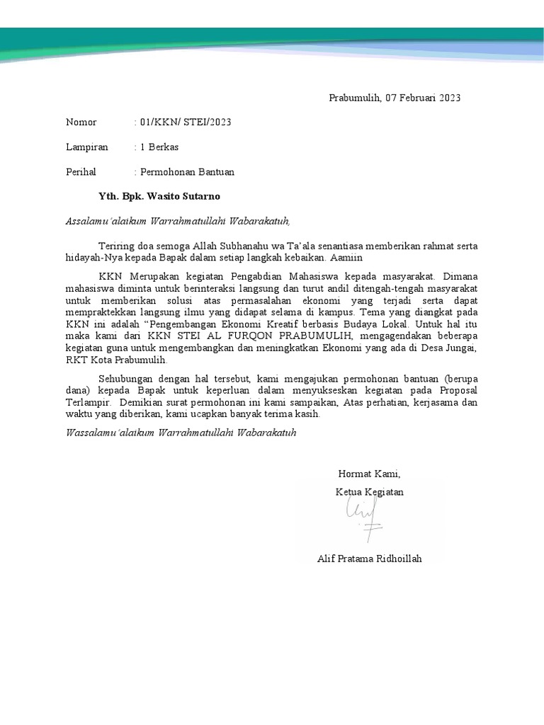 Surat Permohonan Bantuan Dana KKN STEI Kelompok 1 | PDF