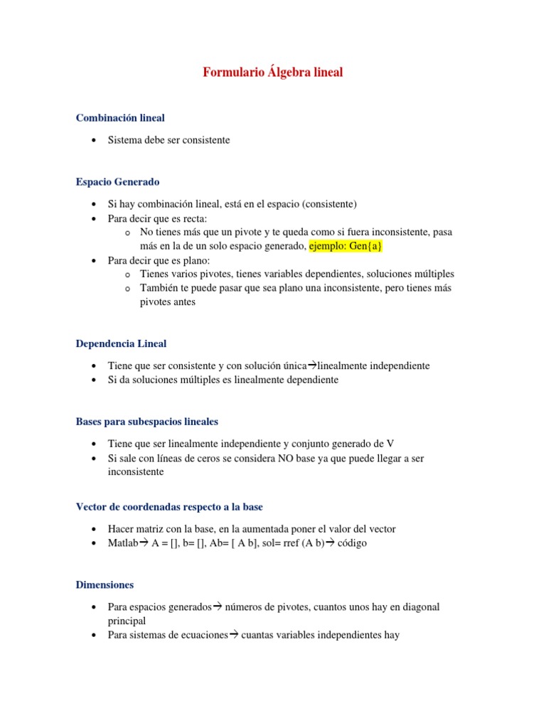 Formulario Álgebra Lineal | PDF Formulario Álgebra Lineal | PDF