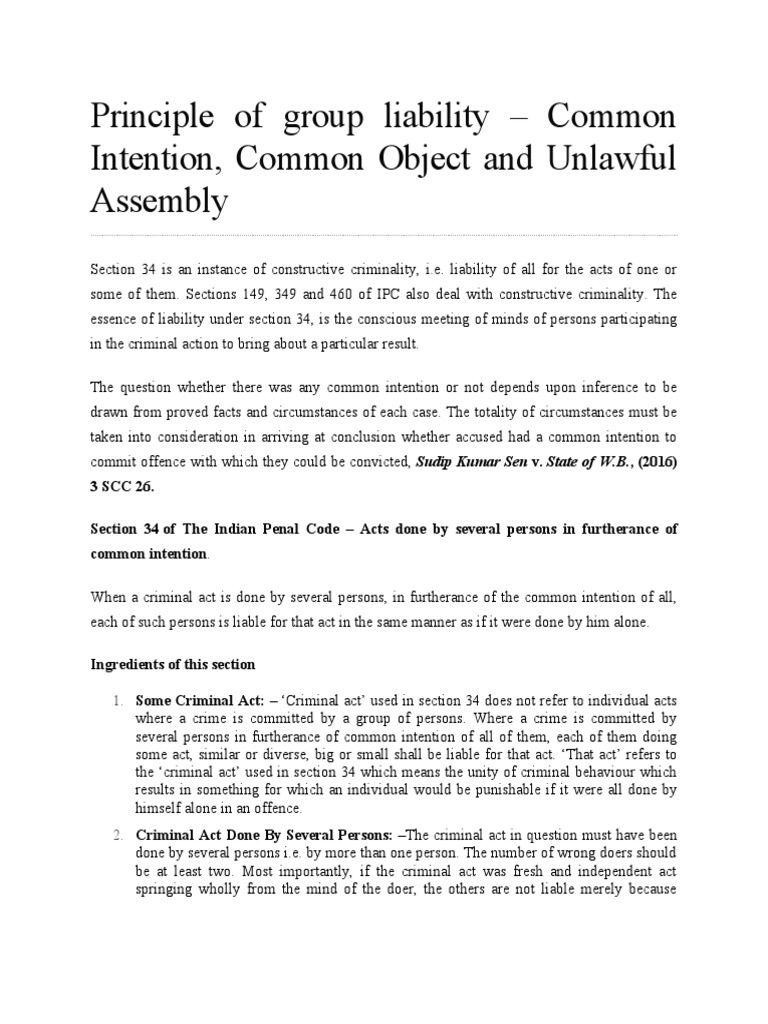 CH-7 Principle of Group Liability - Common Intention, Common Object and Unlawful Assembly | PDF ...