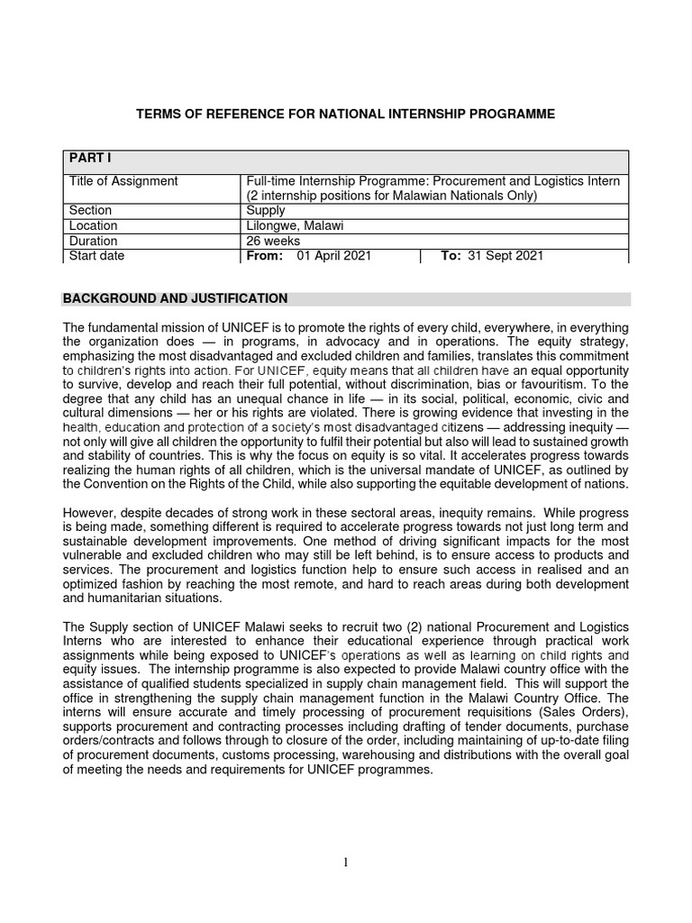 TOR For Procurement and Logistics Intern Local - 2021 - Final | PDF ...