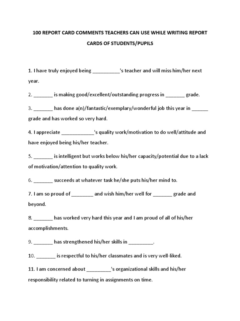 100 REPORT CARD COMMENTS TEACHERS CAN USE WHILE WRITING REPORT CARDS OF ...