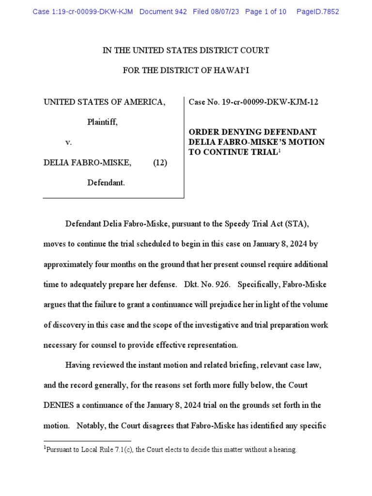 Order Denying Defendant Delia Fabro-Miske's Motion To Continue Trial ...
