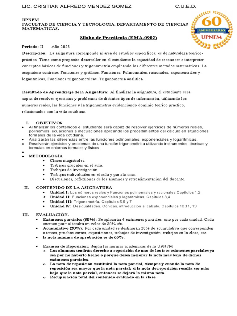 Silabo de Precálculo Ii-Periodo 2023 | PDF | Logaritmo | Número Real