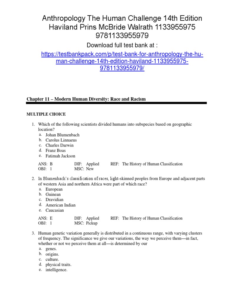 Anthropology The Human Challenge 14th Edition Haviland Test Bank 1 ...