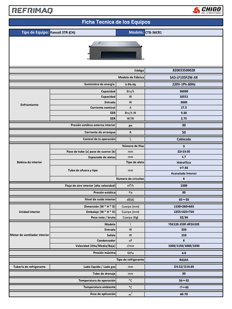 Ficha Técnica (Fan Coil 3TR) - (CH) | PDF | Ingenieria Eléctrica ...