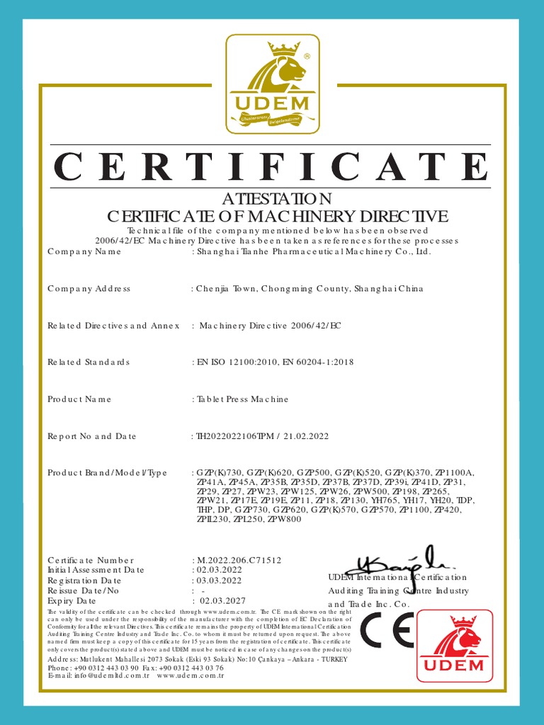 Tablet Press Machine CE Certificate | PDF