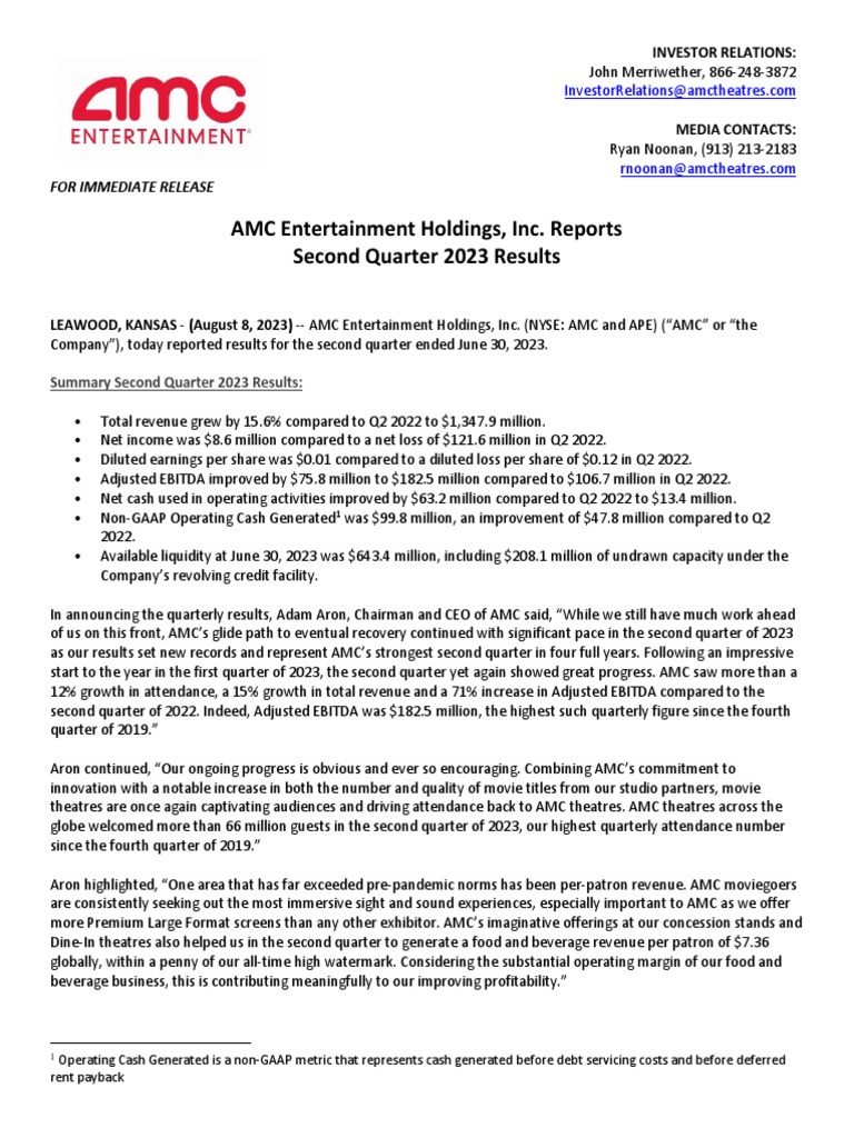 AMC Entertainment Holdings, Inc. Reports Second Quarter 2023 Results ...
